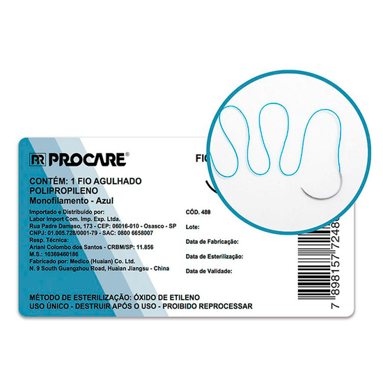 Fio de Sutura Agulhado - Polipropileno 1/0 - 40mm - 1/2 - PROCARE